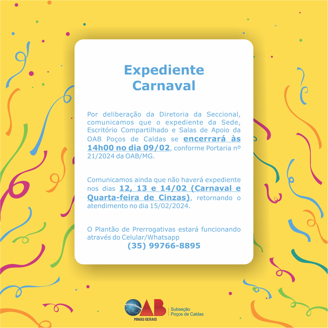 Comunicado Carnaval – OAB Poços de Caldas